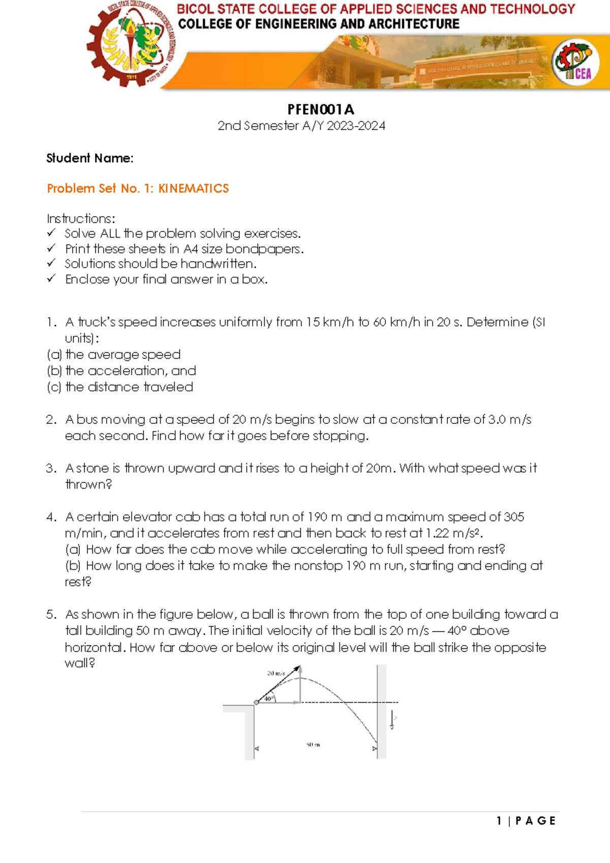 Problem Set No. 1 Kinematics - 1 | P A G E PFEN001A 2nd Semester A/Y ...