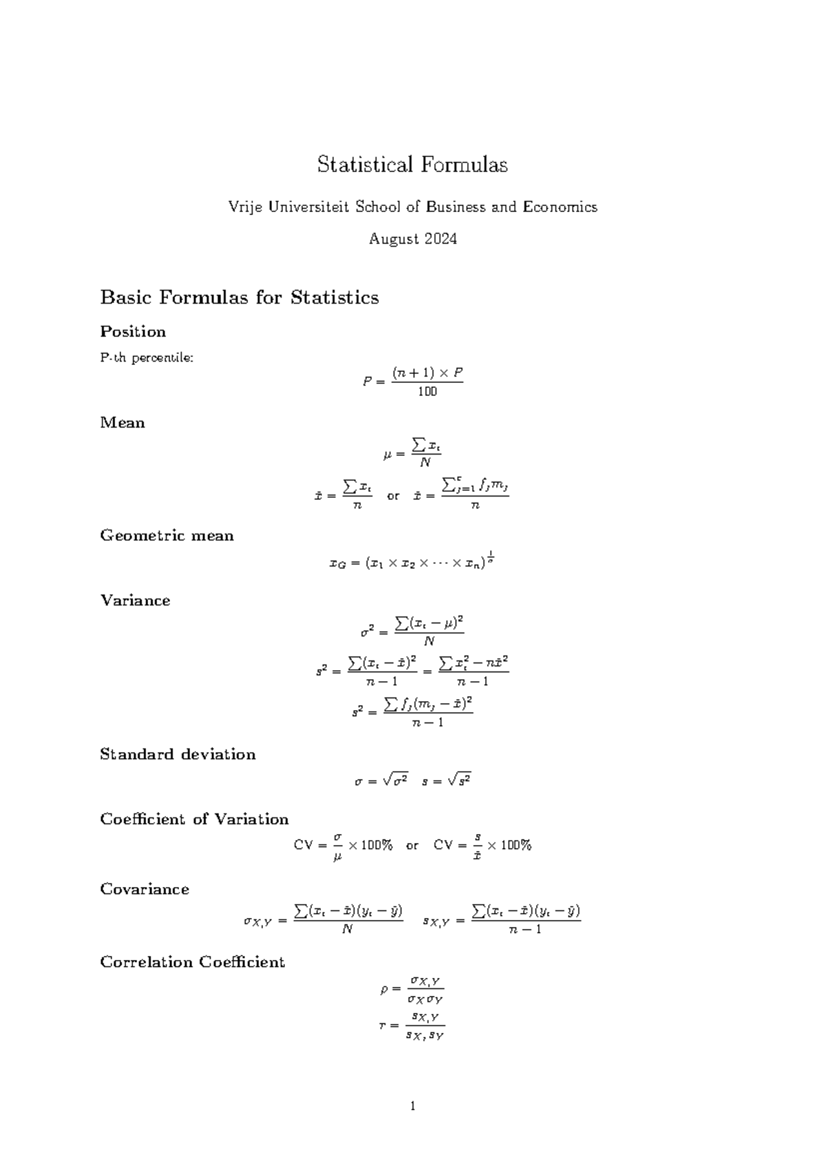 QRM II Statistical Formulas Reference Sheet for Students - Studeersnel