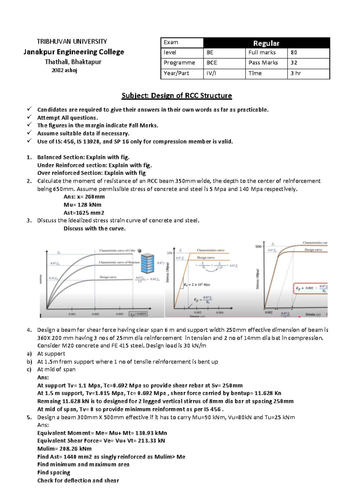 TRIBHUVAN UNIVERSITY BCE Design of RCC Structure Exam Answers 2082 ...