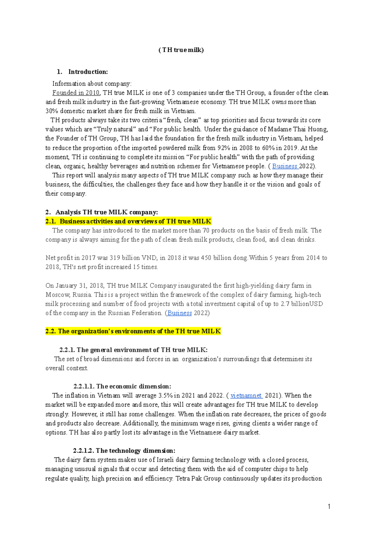 Analysis of TH True Milk - MKT101: Business Overview & Challenges - Studocu