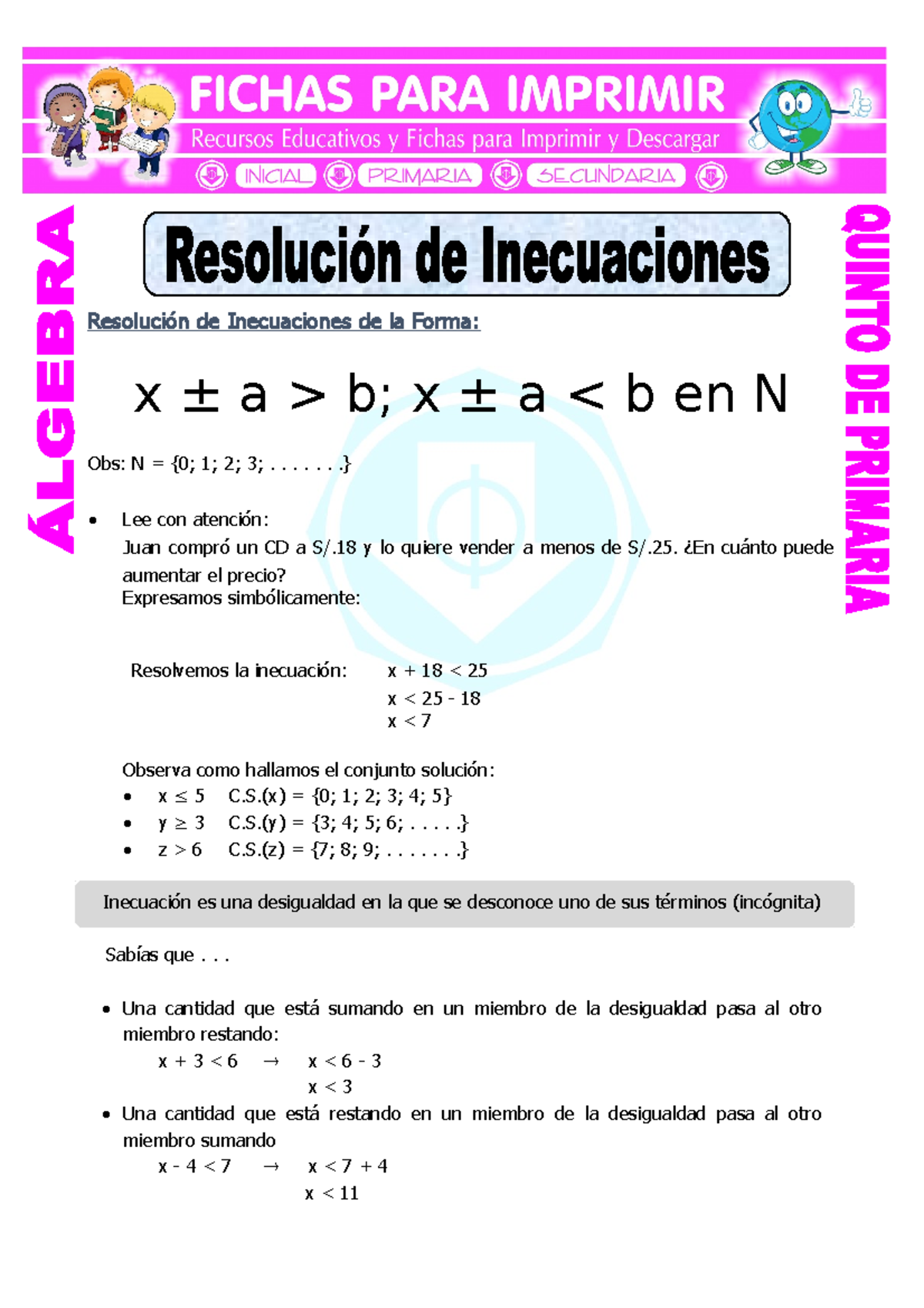 Resolucion de Inecuaciones para Quinto de Primaria - Resolución de Inecuaciones de la Forma: x ± ...