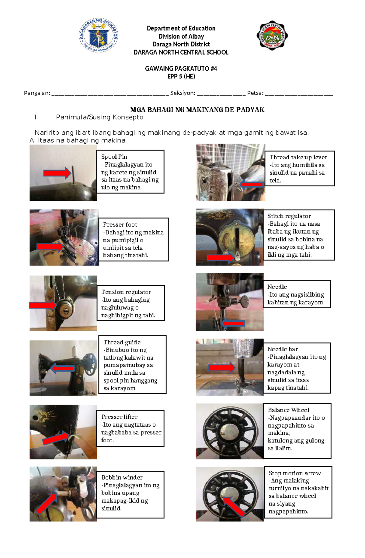 EPP5 HE: Mga Bahagi ng Makinang De-Padyak at Kanilang Gamit - Studocu