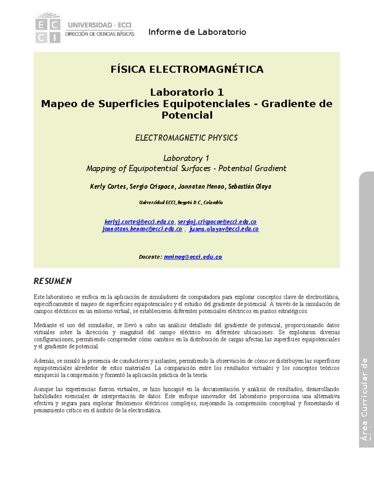 Física Electromagnética - LAB 1 - Área Curric ular d e RESUMEN Este ...