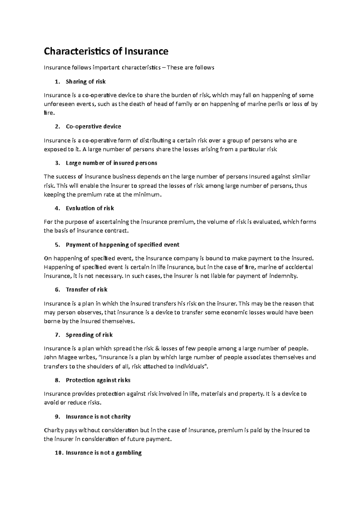 Characteristics of Insurance - Banking and insurance - MG University ...