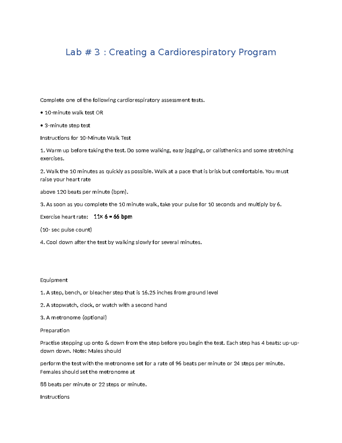Lab3 Final - Lab # 3 : Creating a Cardiorespiratory Program Complete ...