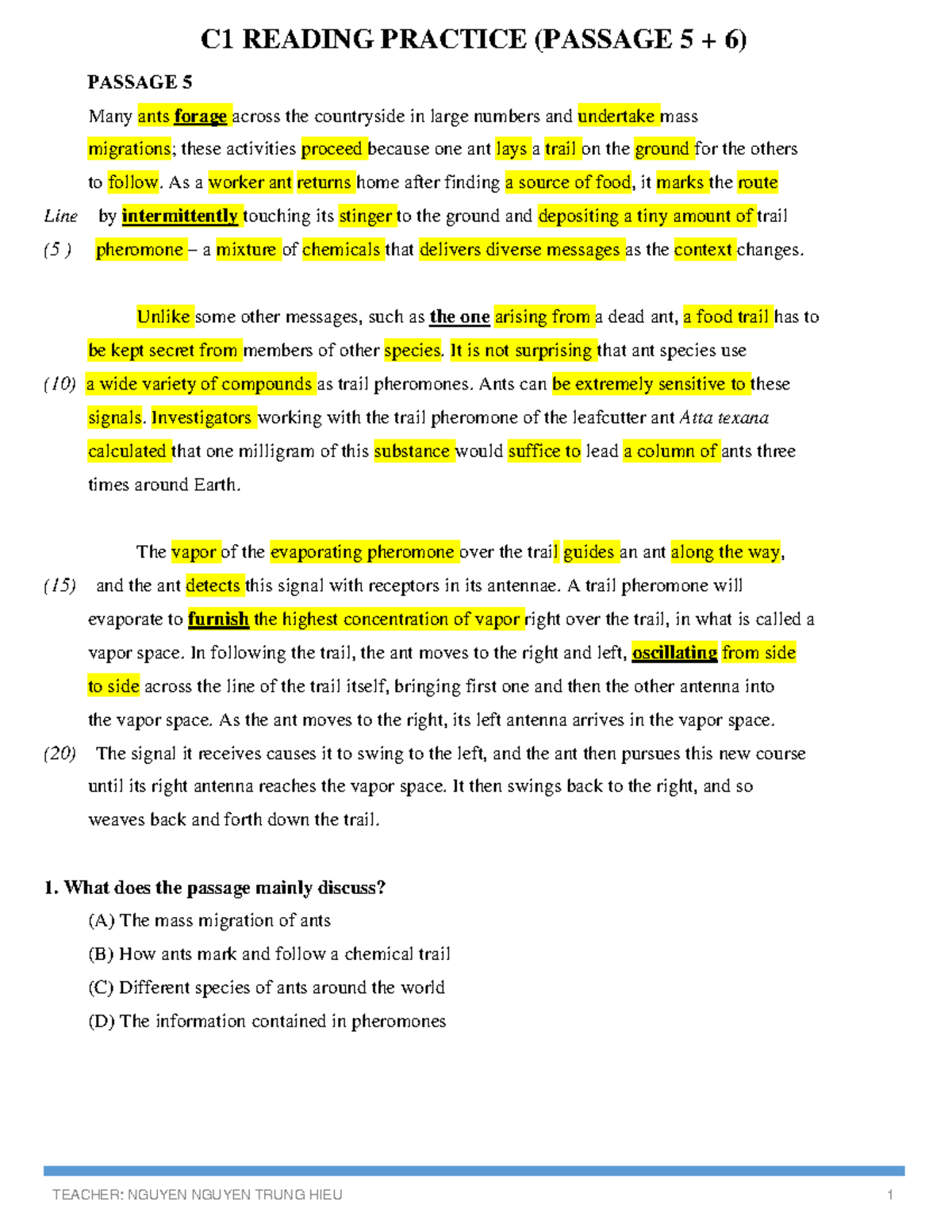 C1 READING PRACTICE: UNDERSTANDING ANT TRAIL PHEROMONES - Studocu