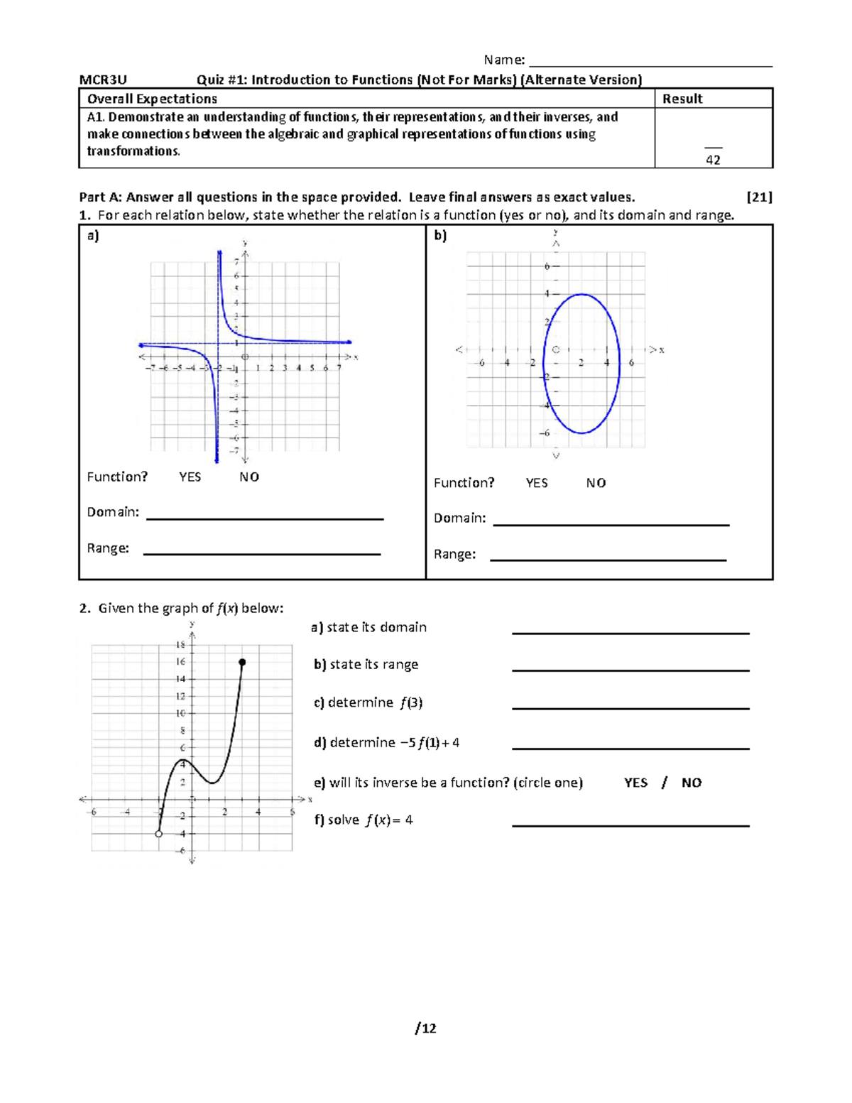 MCR3U Quiz #1: Introduction to Functions (Alternate Version) - Studocu