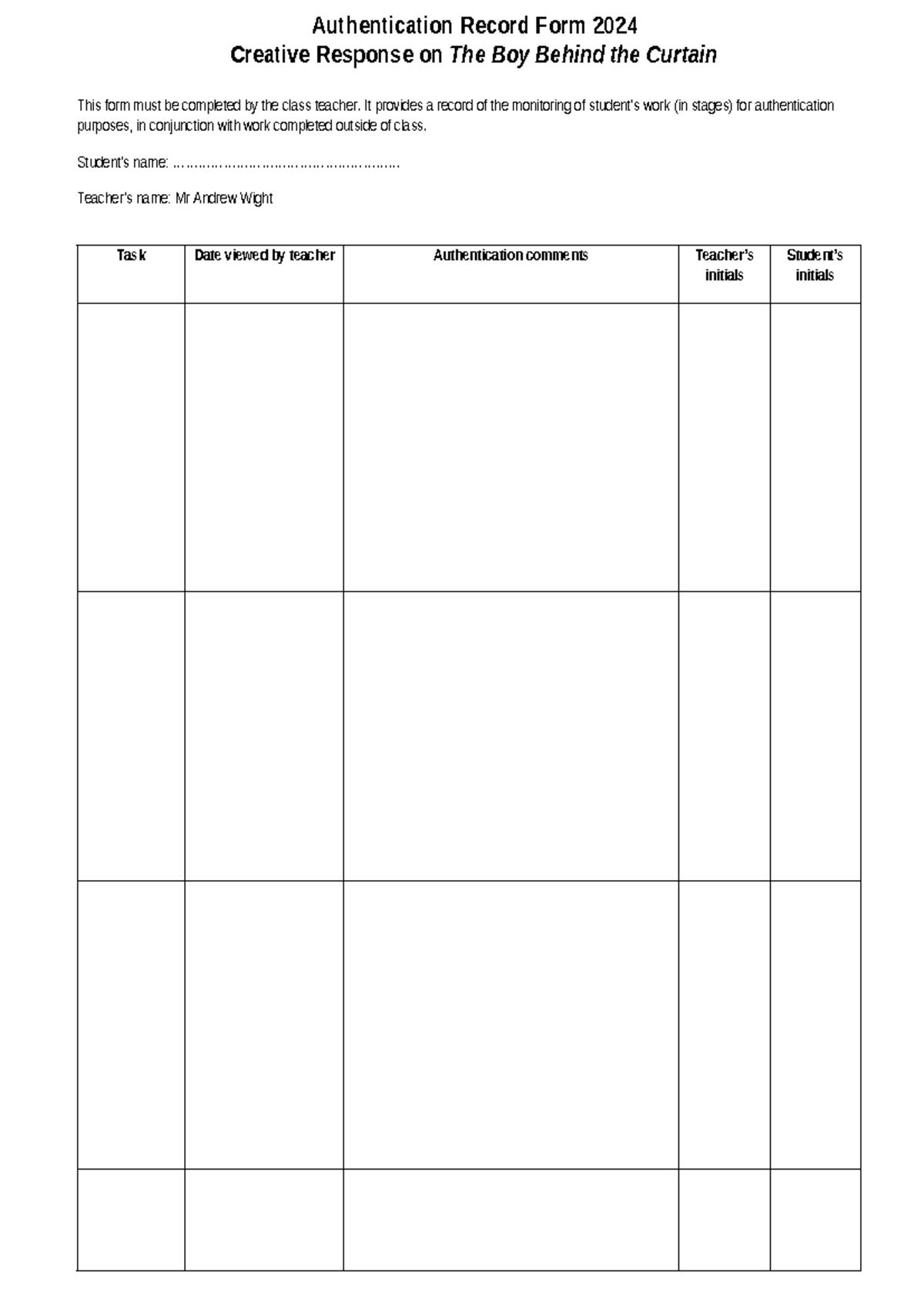VCAA authentication form 2024 SAC document - Authentication Record Form ...