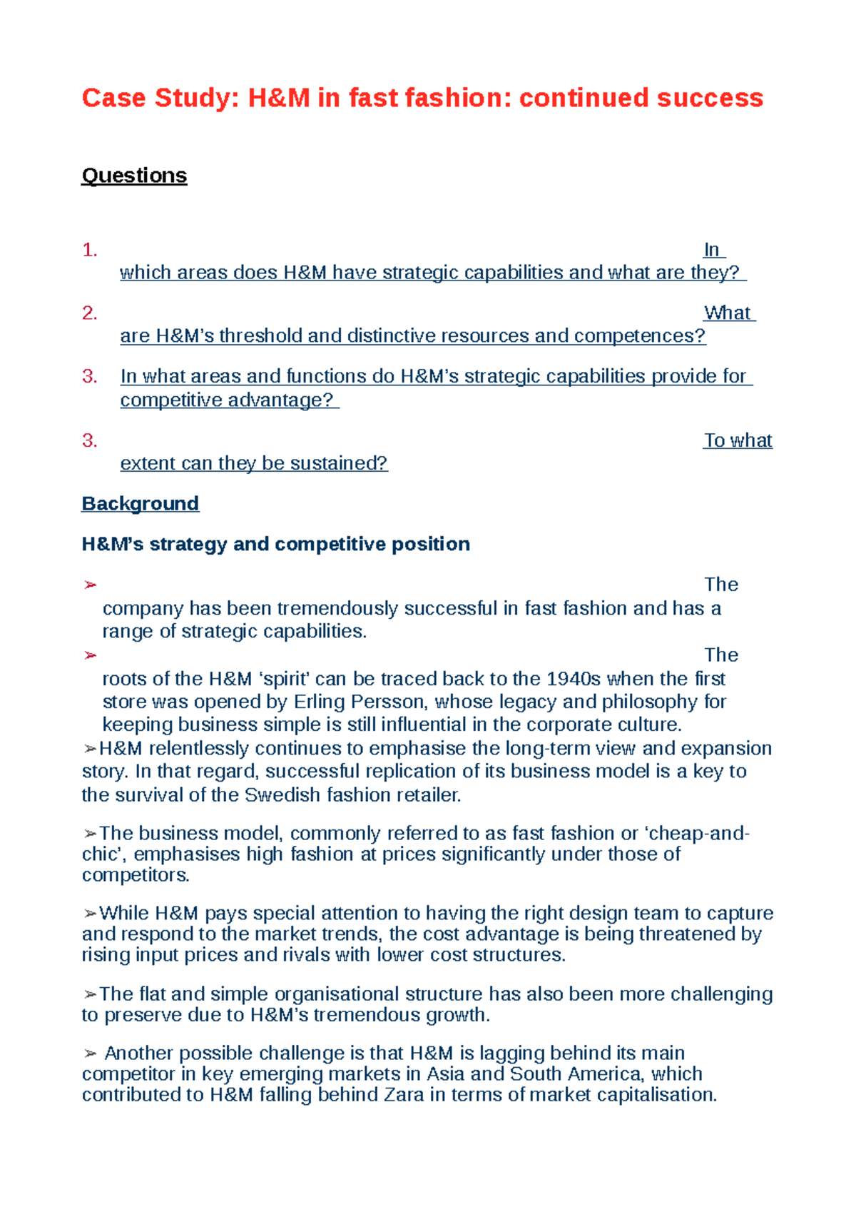 Hm 11 - Case Study: H&M in fast fashion: continued success Questions In ...