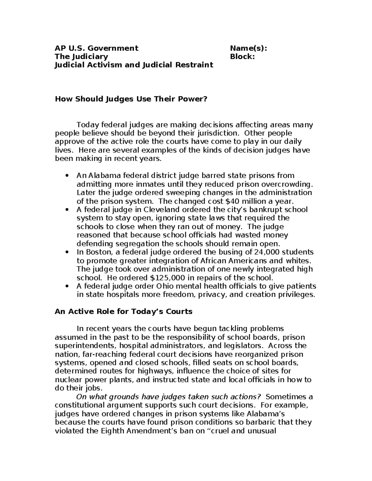 AP U.S. Government Lesson on Judicial Activism vs. Restraint - Studocu