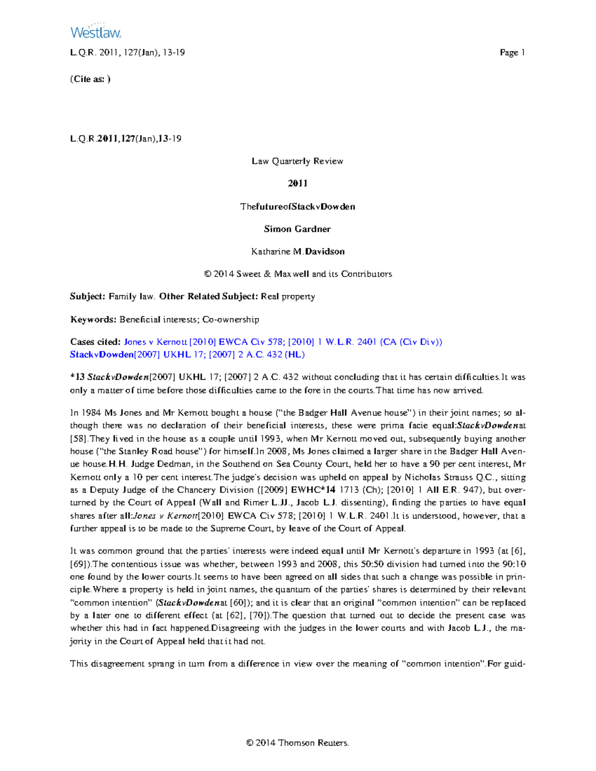 Future of Stack v Dowden: Legal Insights on Co-ownership Issues - Studocu