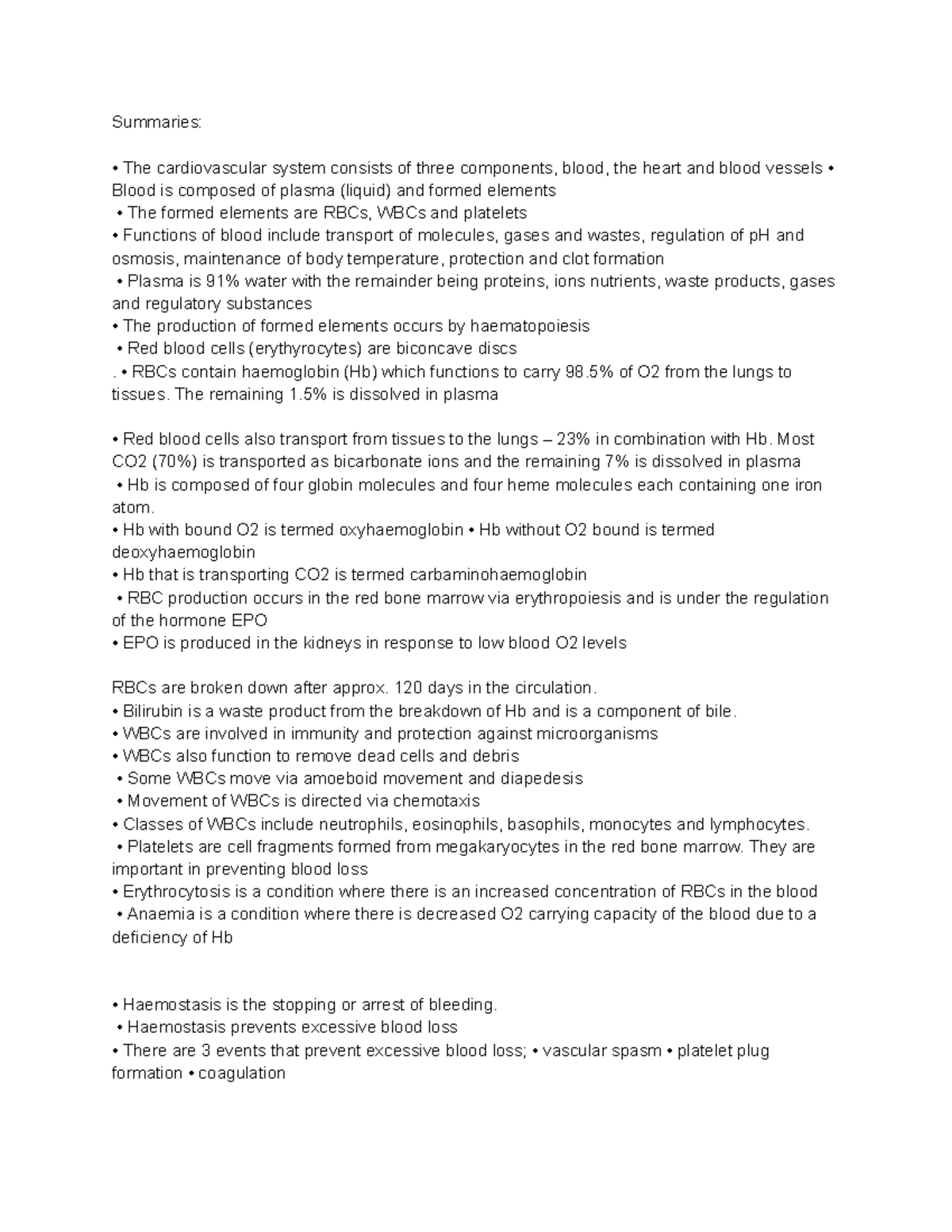 BMS172 Summaries: Cardiovascular, Respiratory, Endocrine & Urinary ...
