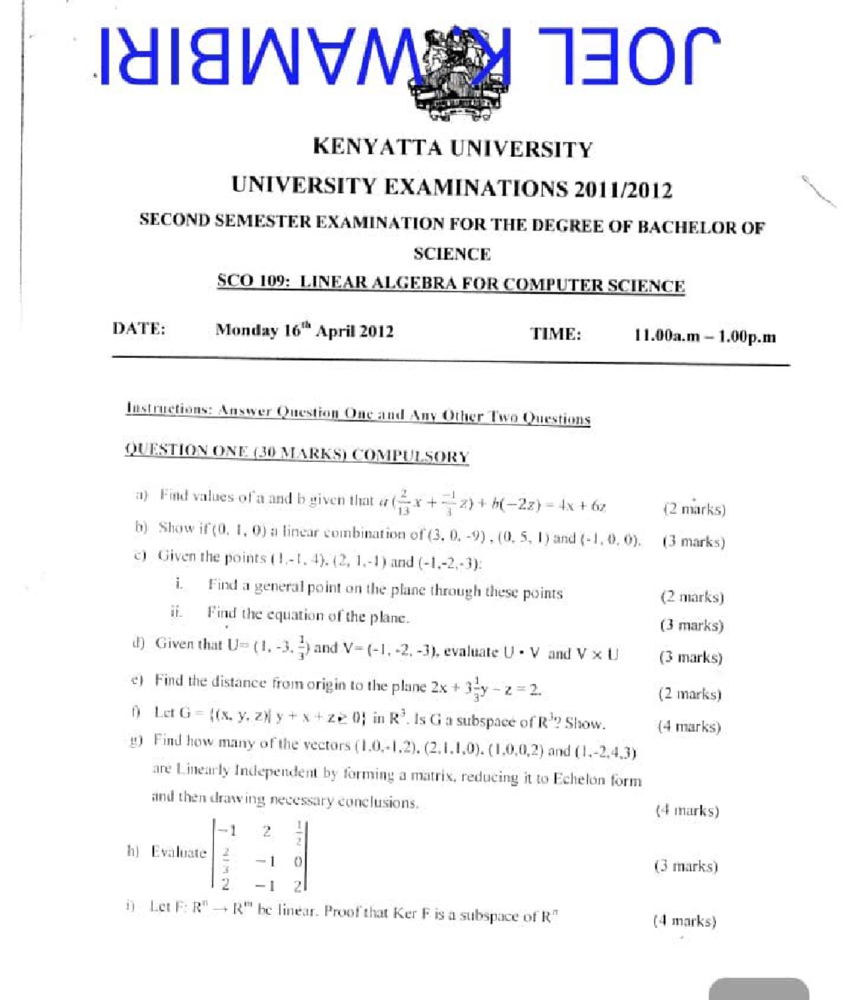 SCO 109: Linear Algebra Final Exam Questions and Solutions - Studocu