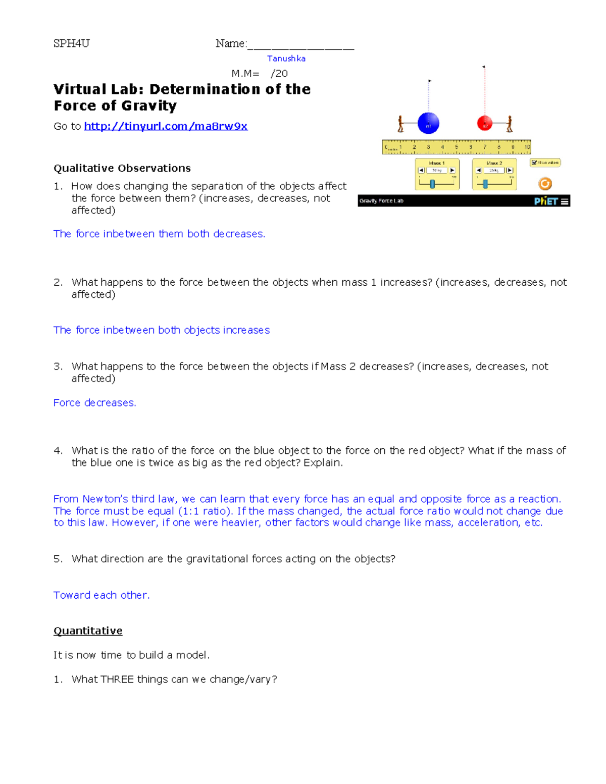 SPH4U Gravity Lab: Analyzing Forces Between Objects - Studocu