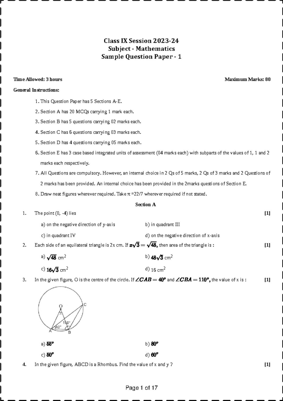 Class IX Mathematics Sample Question Paper 1 - 80 Marks, 3 Hours - Studocu