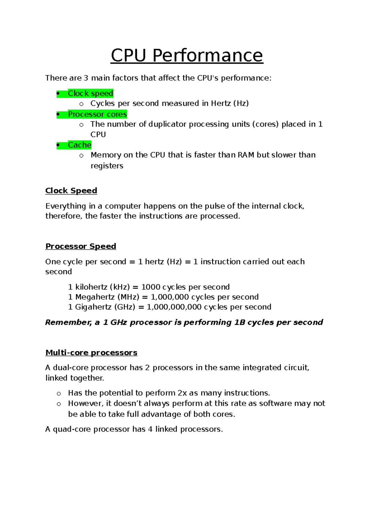 CPU Performance Factors: Clock Speed, Cores, and Cache Efficiency - Studocu
