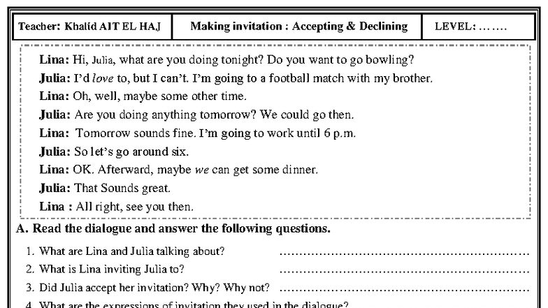 Making Invitations: Accepting & Declining - 2023-1 - Studocu