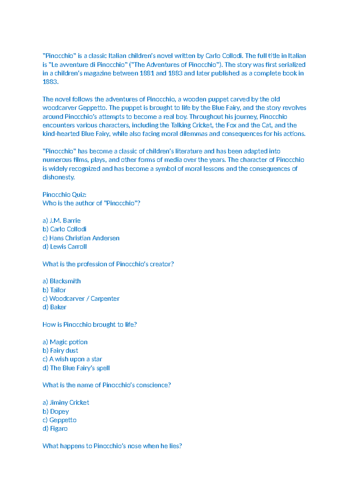 Pinocchio Quiz: Key Questions on Carlo Collodi's Classic Tale - Studocu