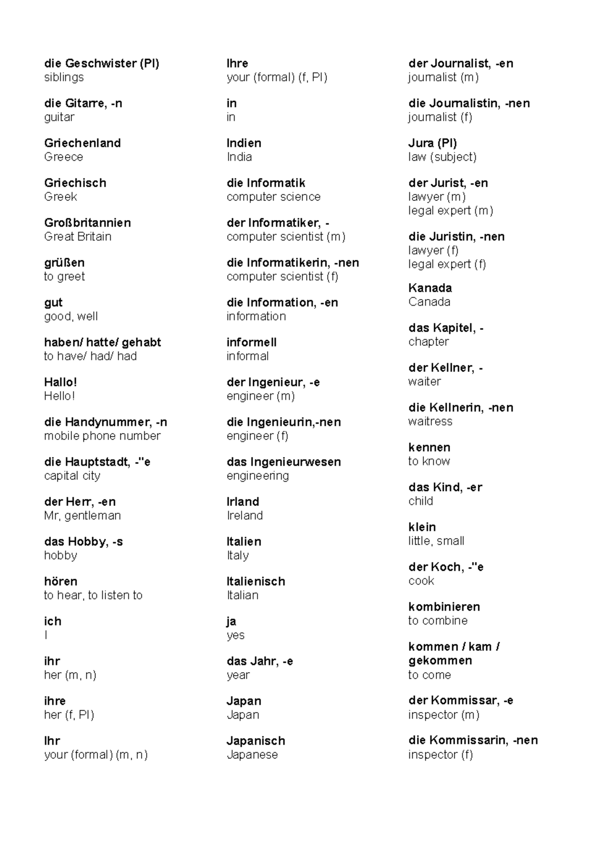 German Vocabulary List Part 2 (Pl) - Studocu