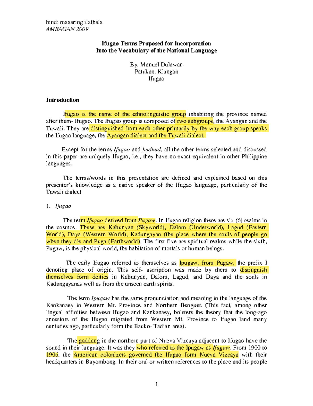 Ifugao Language: Key Terms and Cultural Insights (AMBAGAN 2009) - Studocu