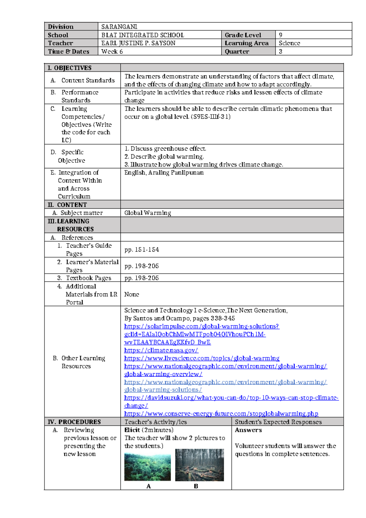 Lesson Plan in Science 9: Understanding Climate Change and Global ...