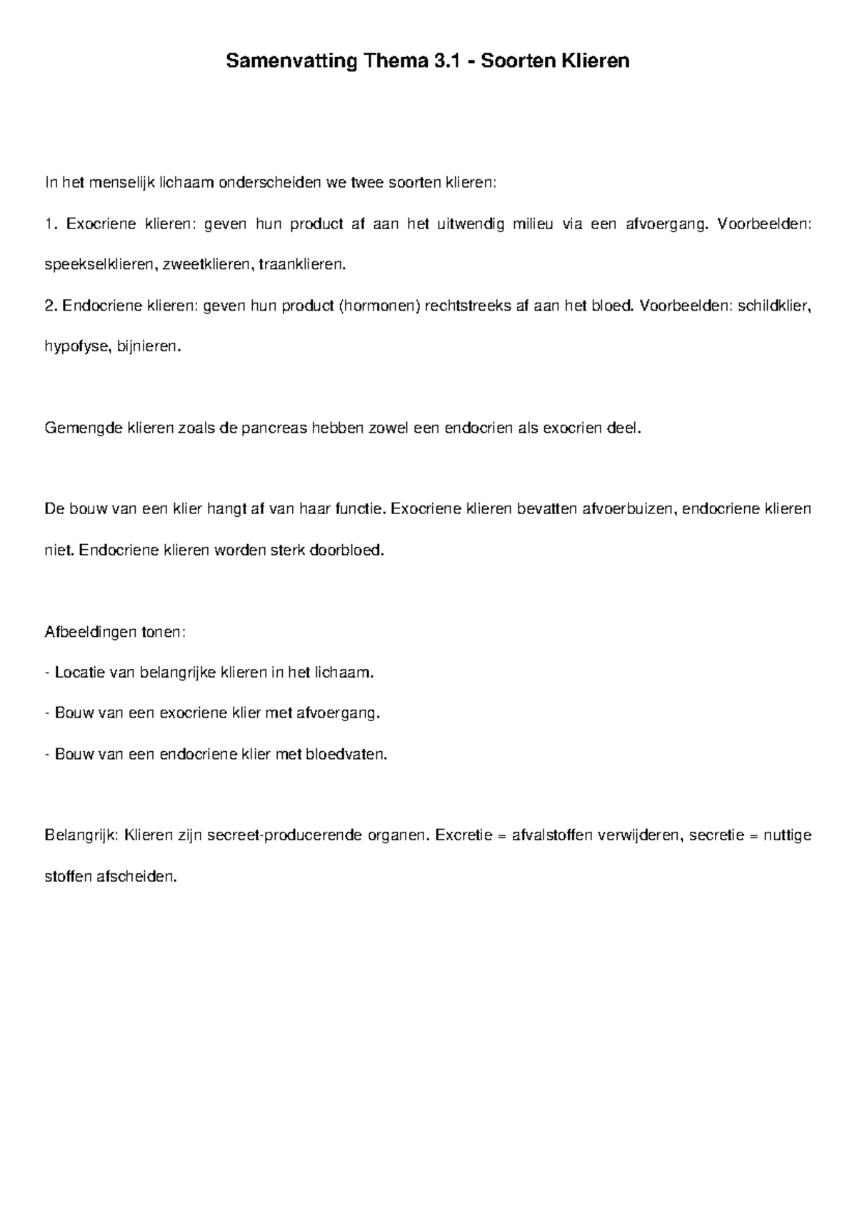 Samenvatting Thema 3: Soorten Klieren in het Menselijk Lichaam - Studocu