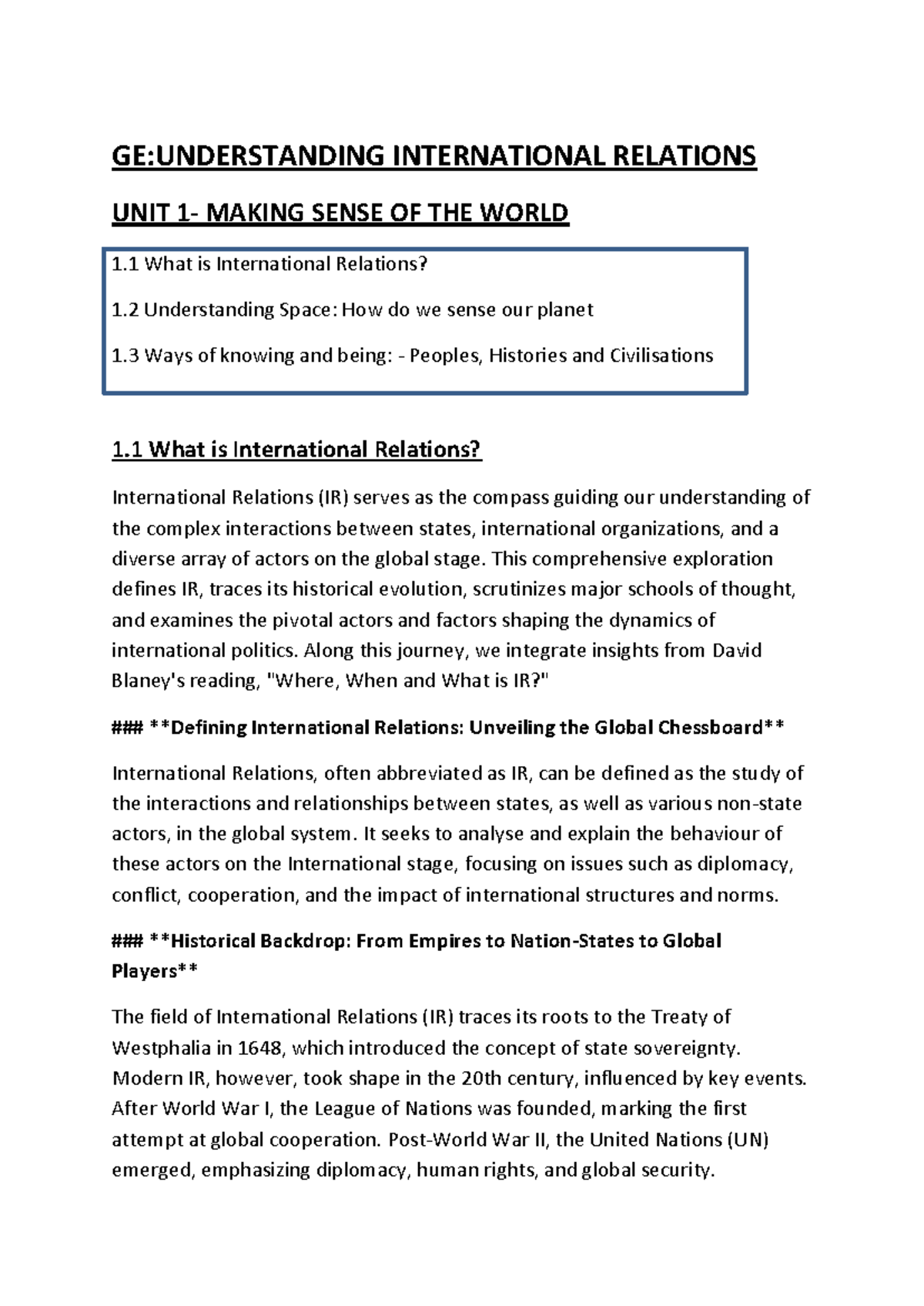 GE: Study Material - Insights into International Relations - Studocu