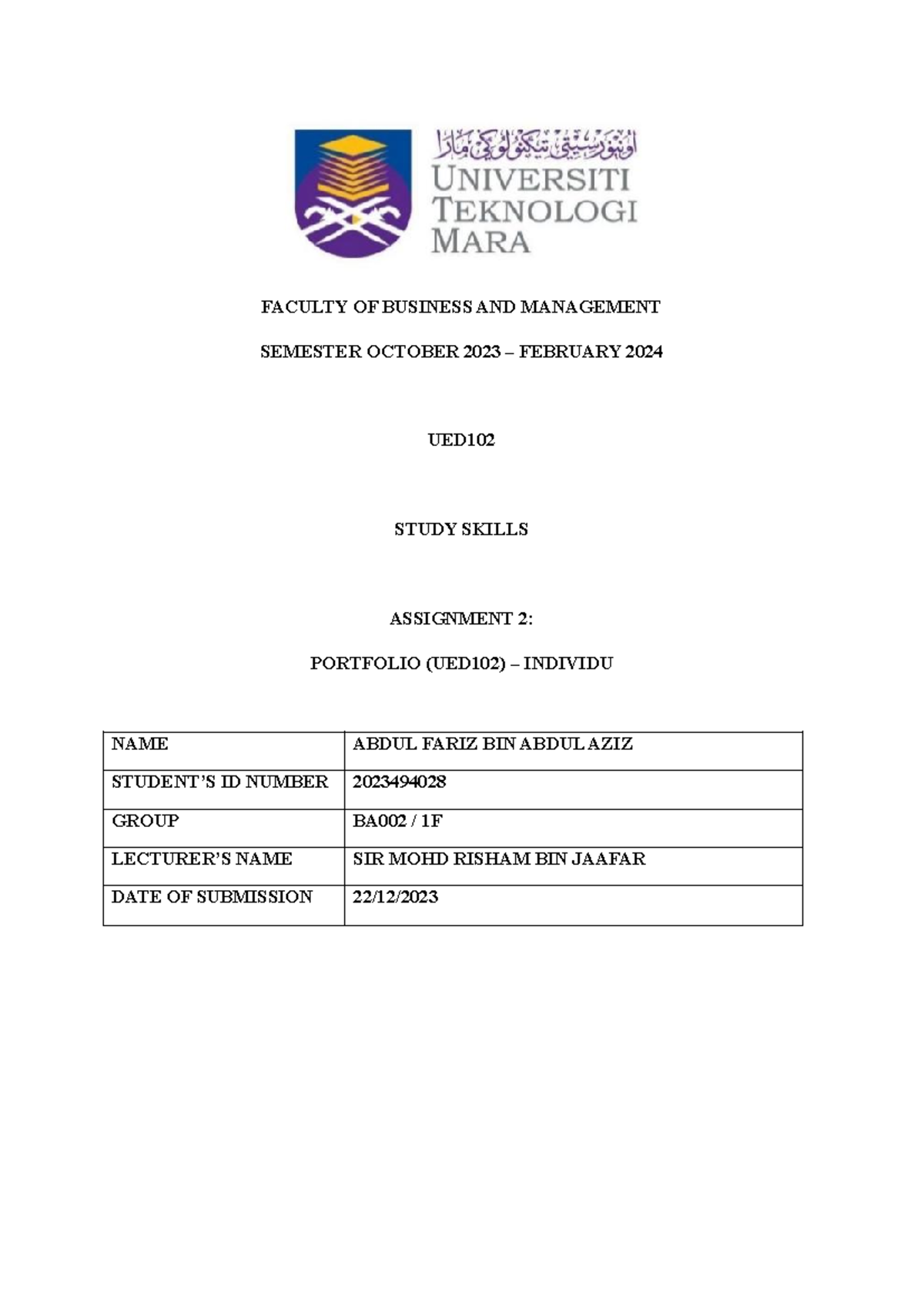 UED102 Study Skills Assignment 2: Portfolio on Learning & Time ...