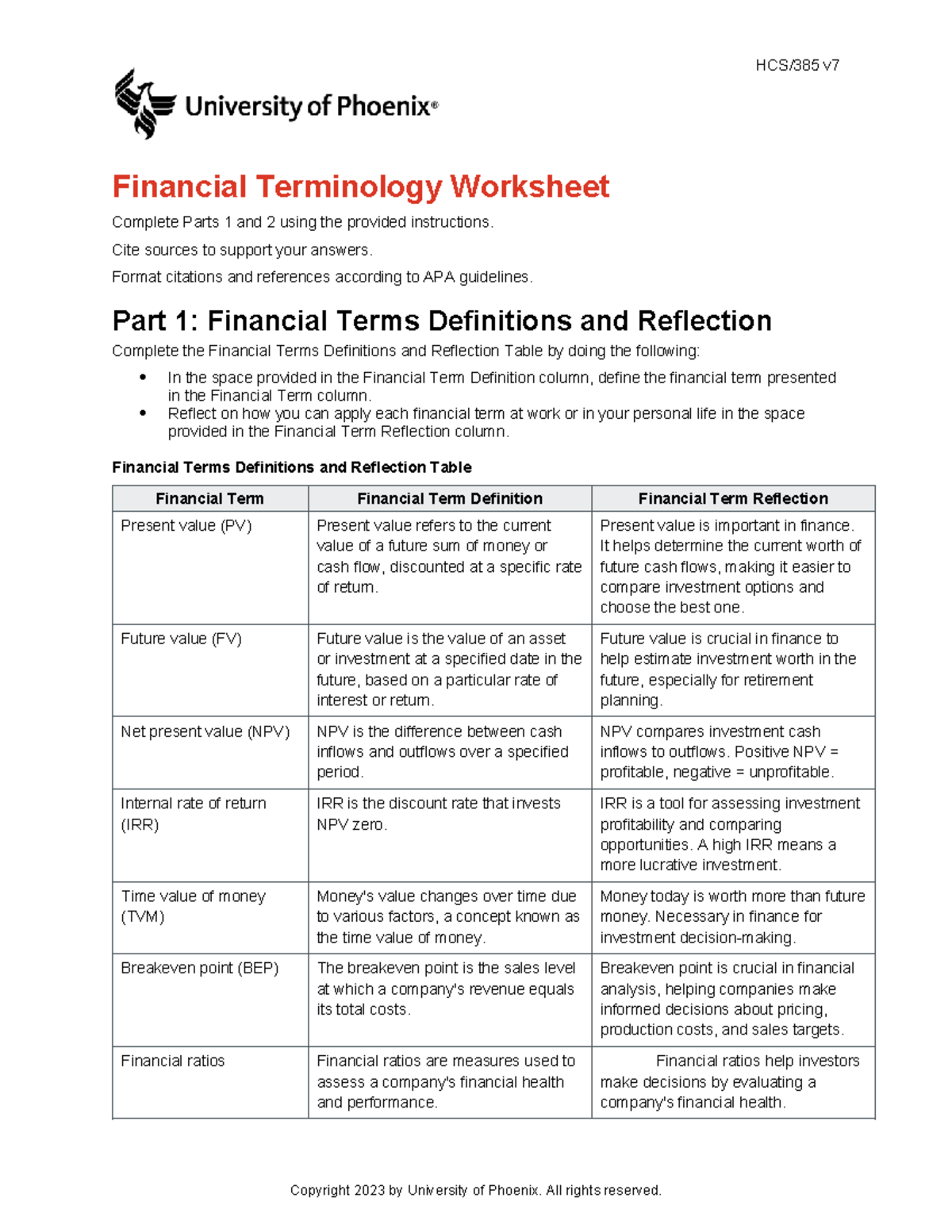 HCS385 v7 Week 1 Financial Terms Definitions & Applications Worksheet ...