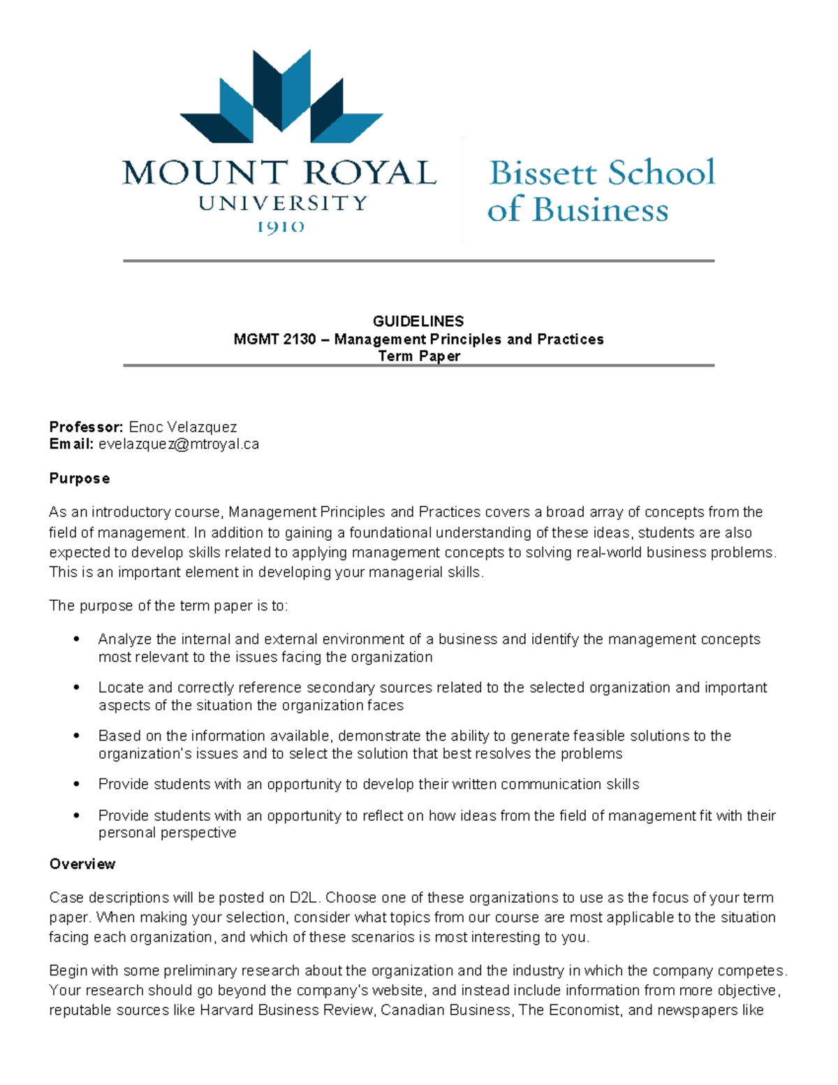 MGMT 2130 Term Paper Guidelines: Management Principles & Practices ...