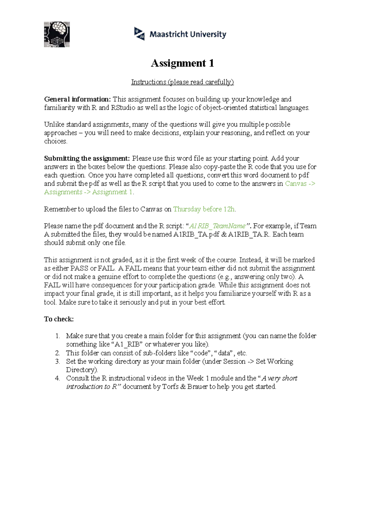 Assignment 1 - R & RStudio Familiarization Instructions - Studeersnel