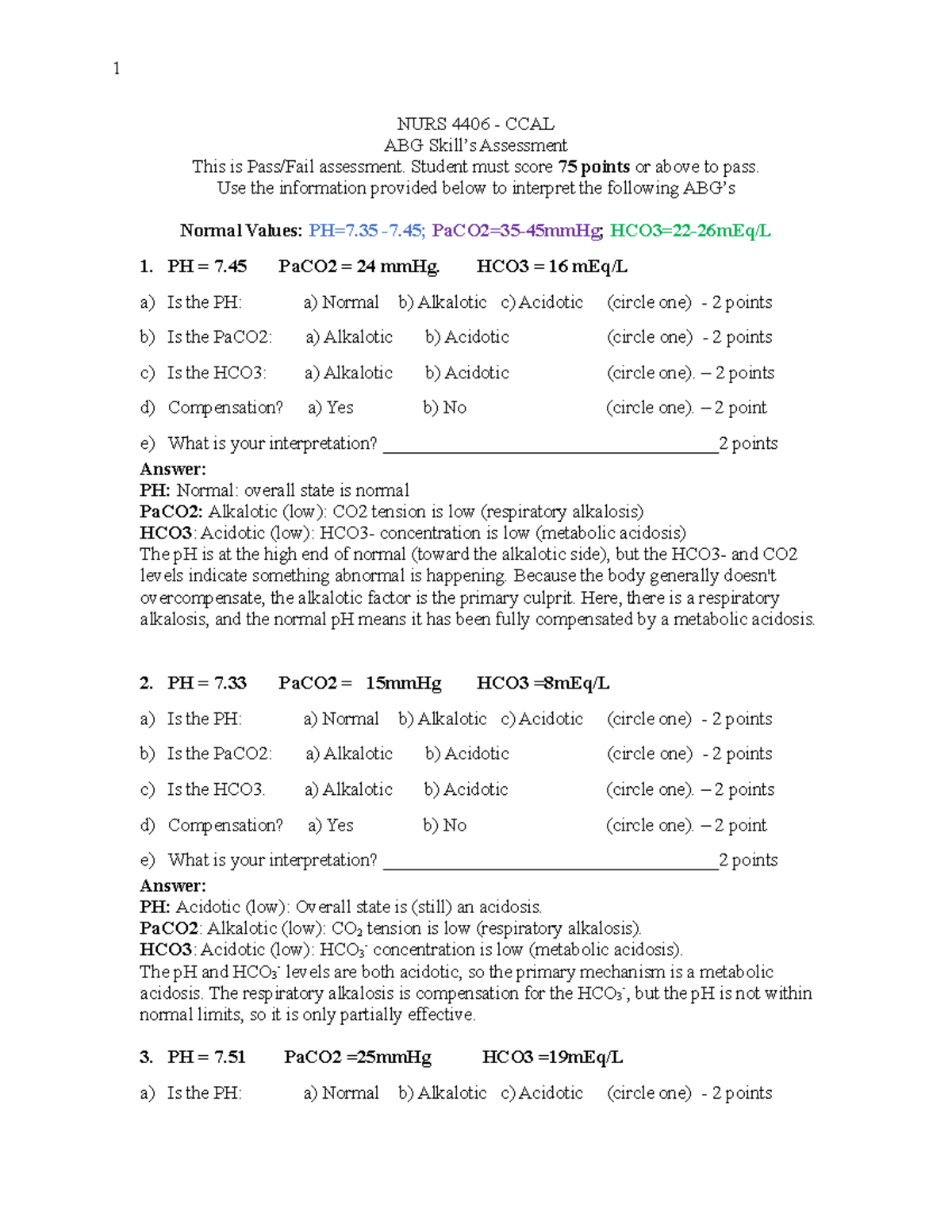NURS 4406 - ABG Skill Assessment with Answers and Interpretations - Studocu