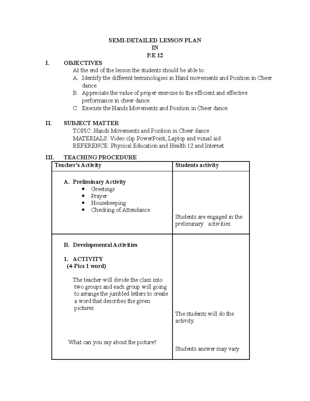 P.E 12 Detailed Lesson Plan: Hand Movements in Cheer Dance - Studocu