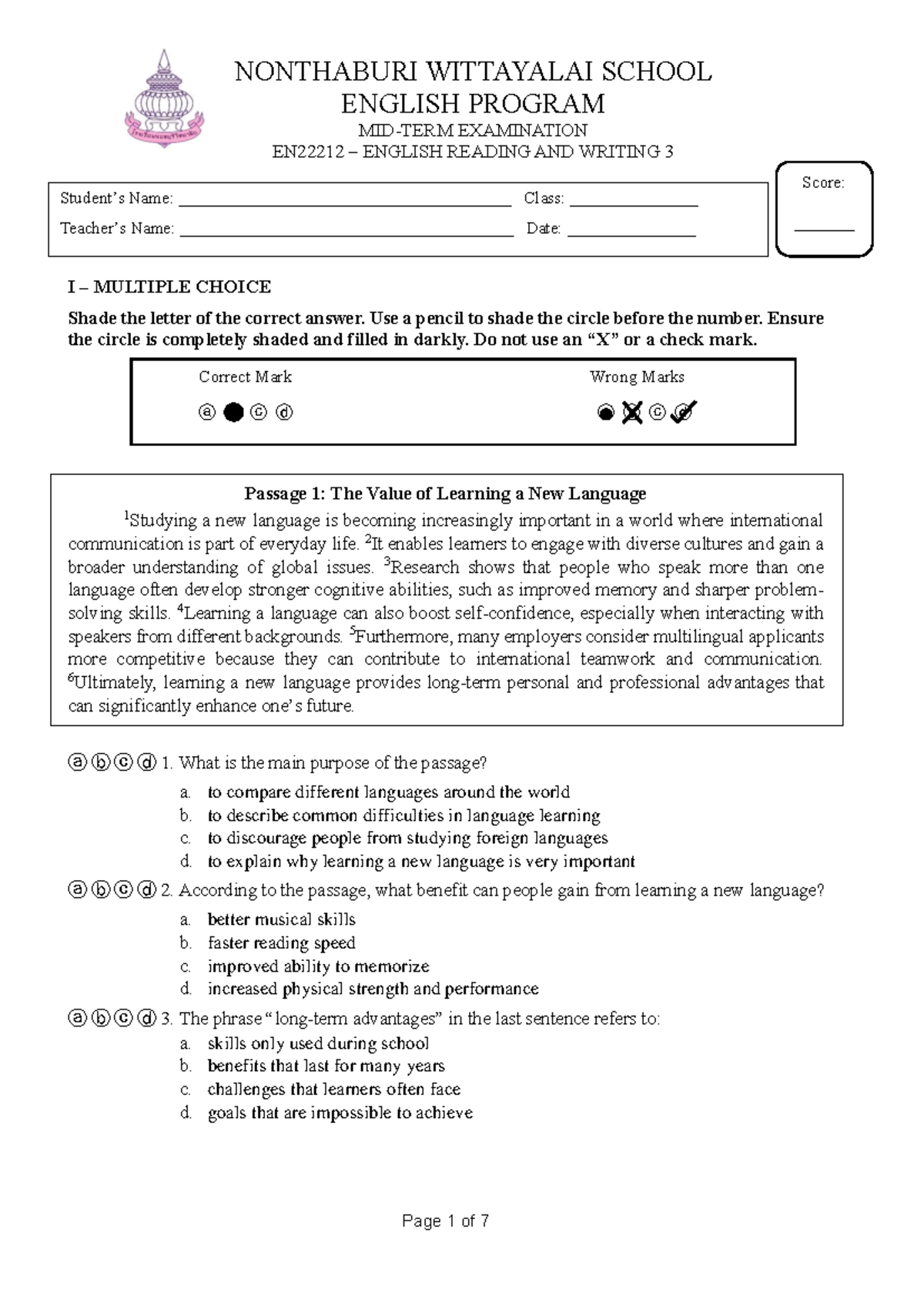 Midterm Exam (ENG 3): Reading & Writing Skills Assessment - Studocu