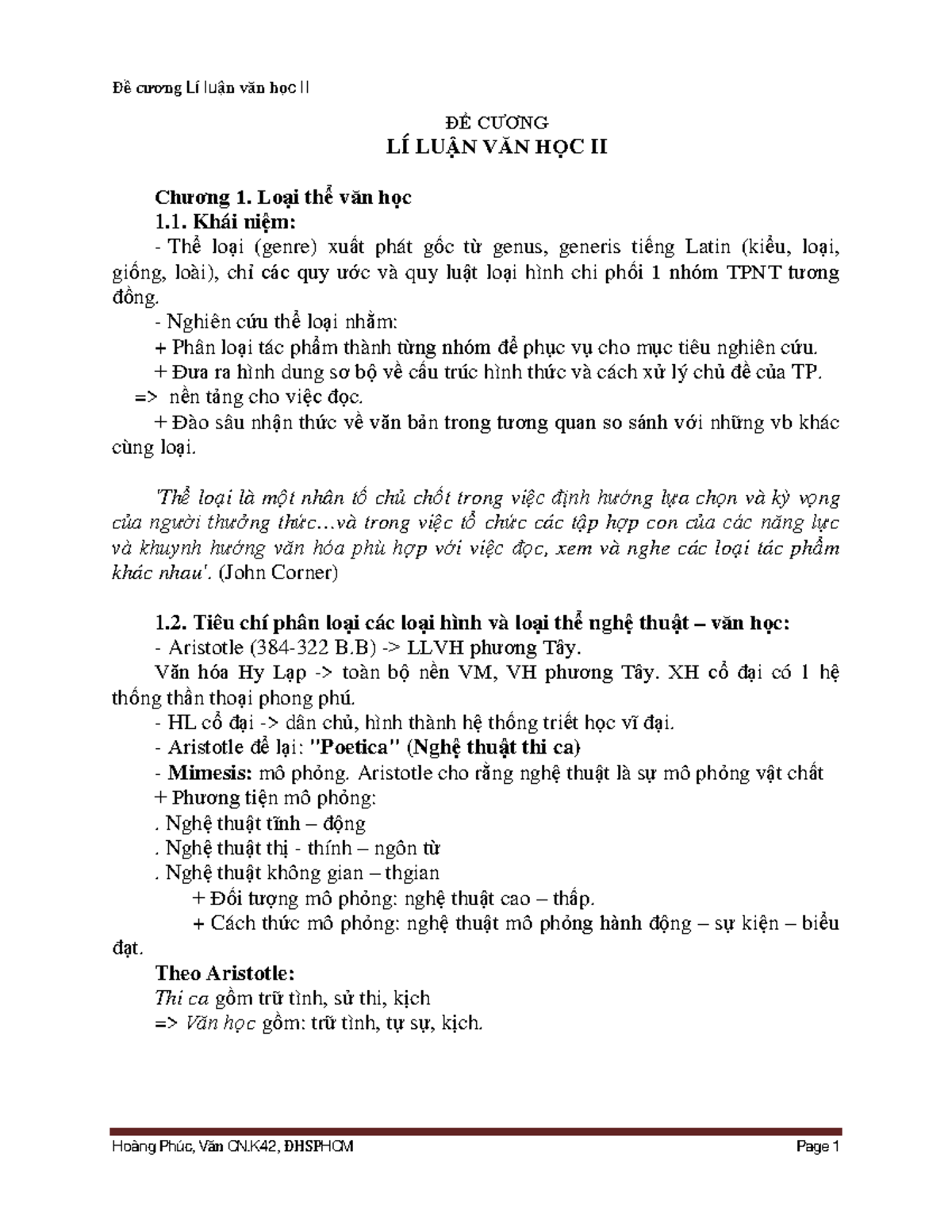 Đề cương Lí luận văn học II - Hoàng Phúc, Văn CN.K42, ĐHSPHCM - Studocu