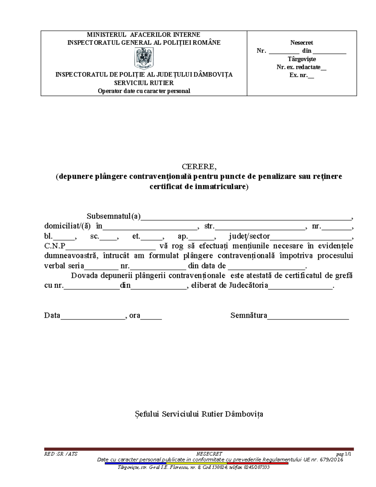 Cerere Plângere Contravențională pentru Penalizare - Dâmbovița - Studocu