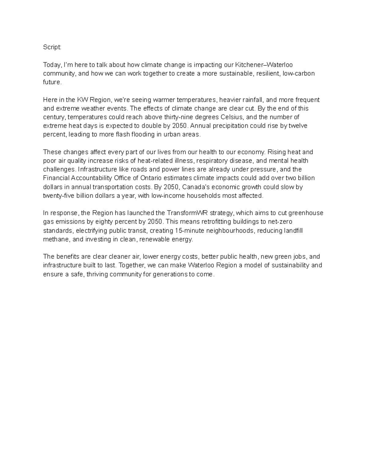 KW Region Climate Change Impact & Sustainability Strategy Script - Studocu