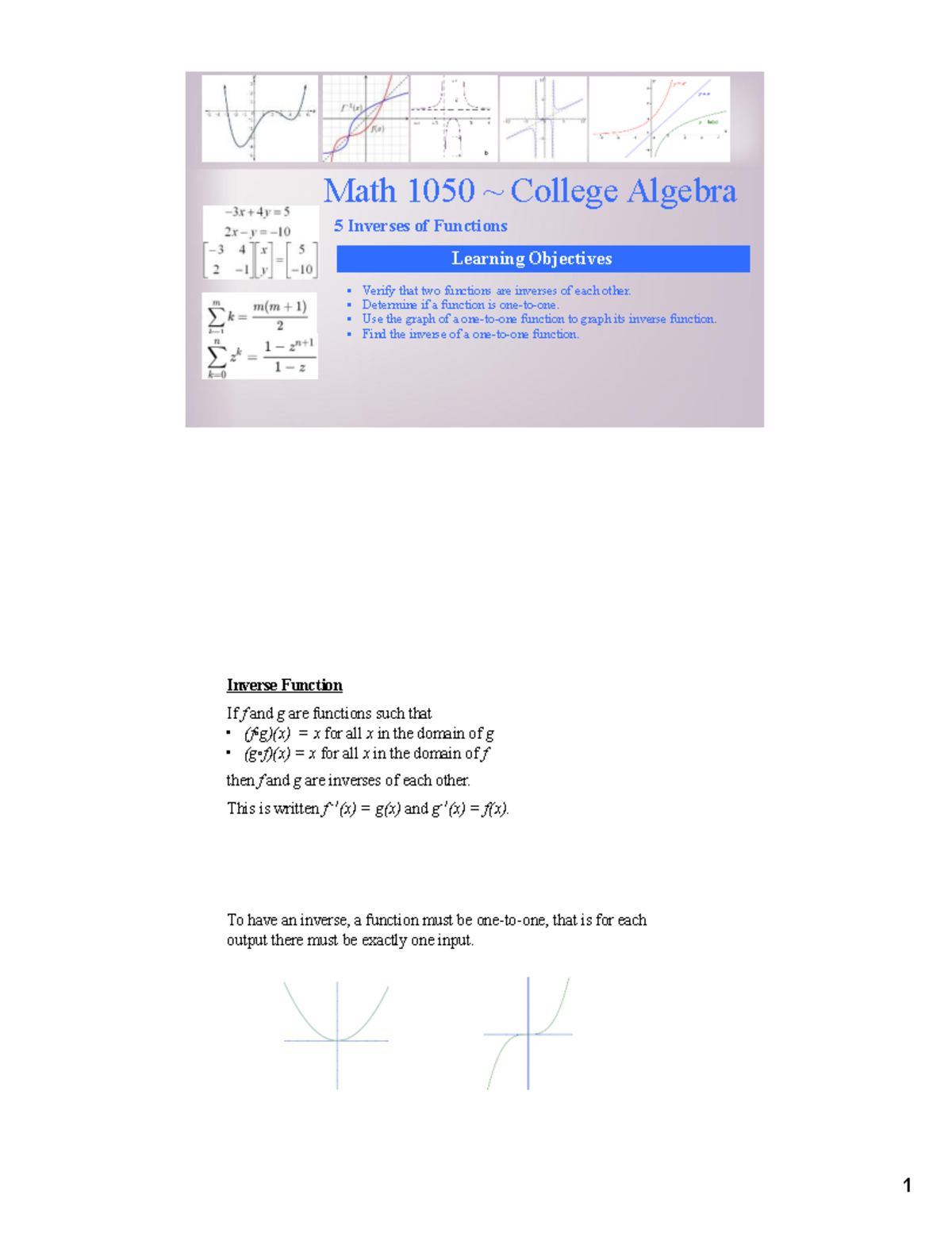 Math 1050 College Algebra: Inverses of Functions Learning Objectives ...