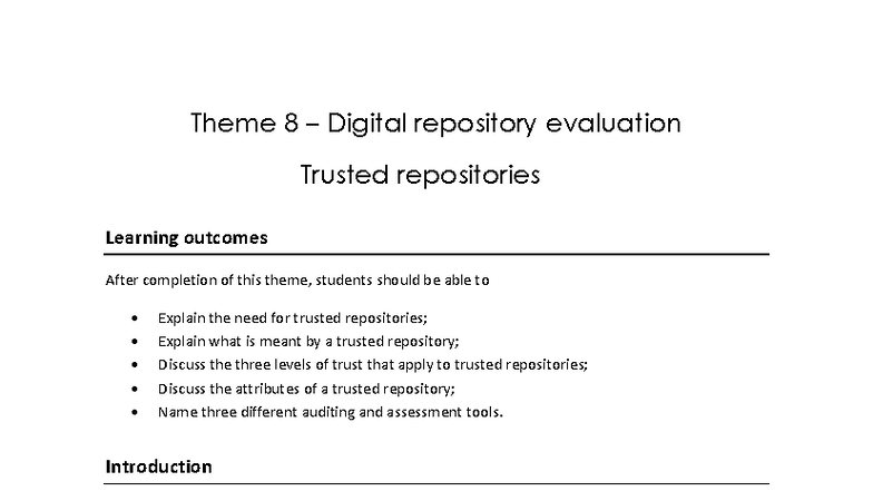 Theme 8: Digital Repository Evaluation & Trusted Repositories Summary ...