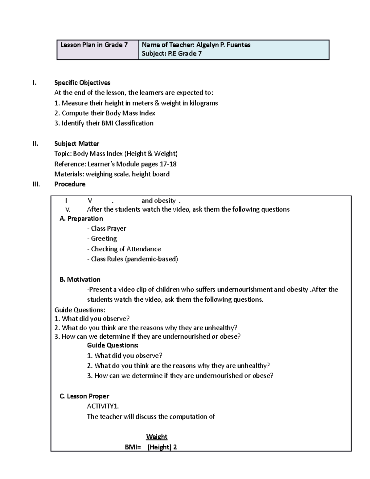 Grade 7 P.E. Lesson Plan: Understanding Body Mass Index (BMI) - Studocu