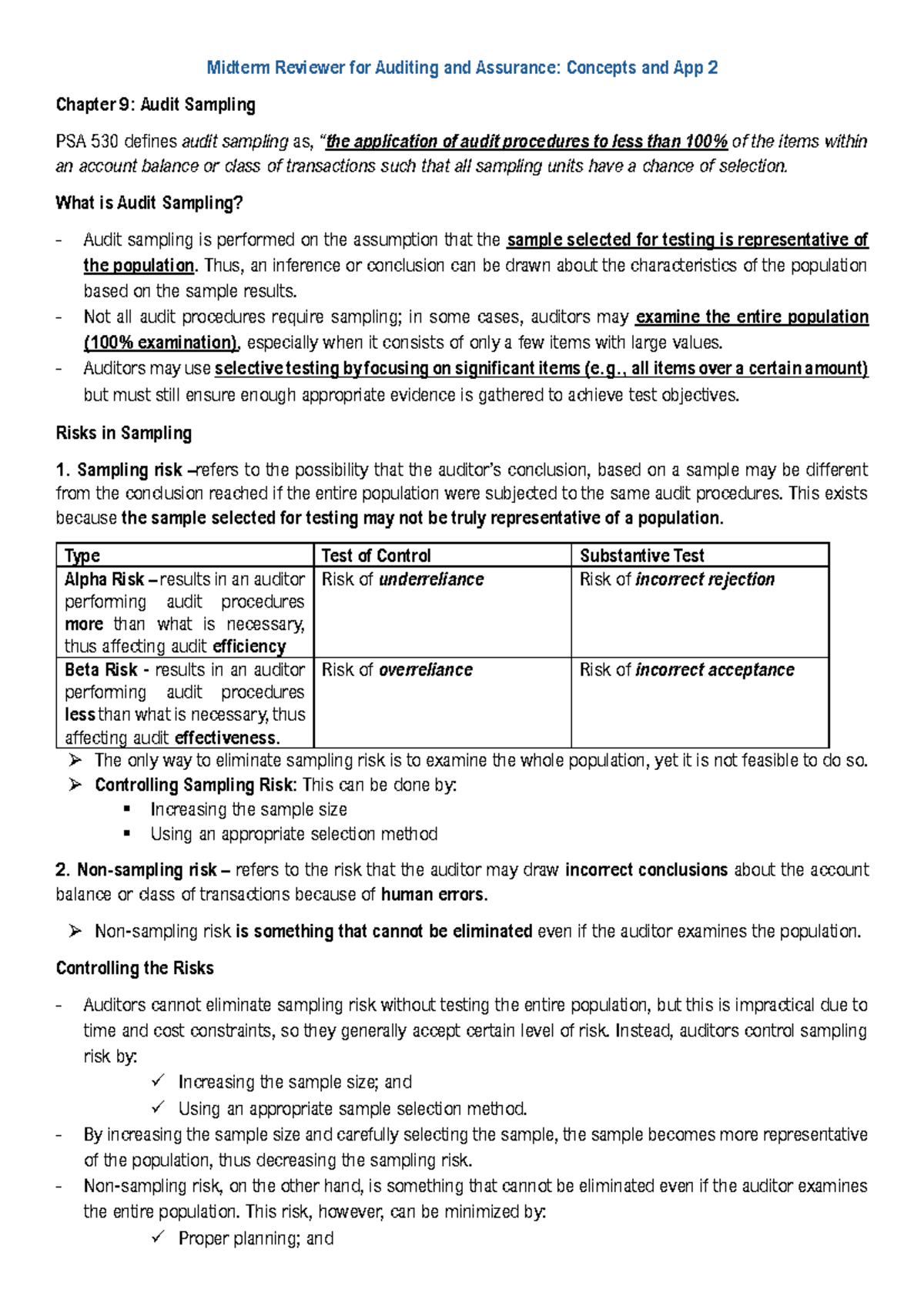 Midterm Reviewer for Auditing and Assurance 2: Chapters 9 & 10 Insights ...