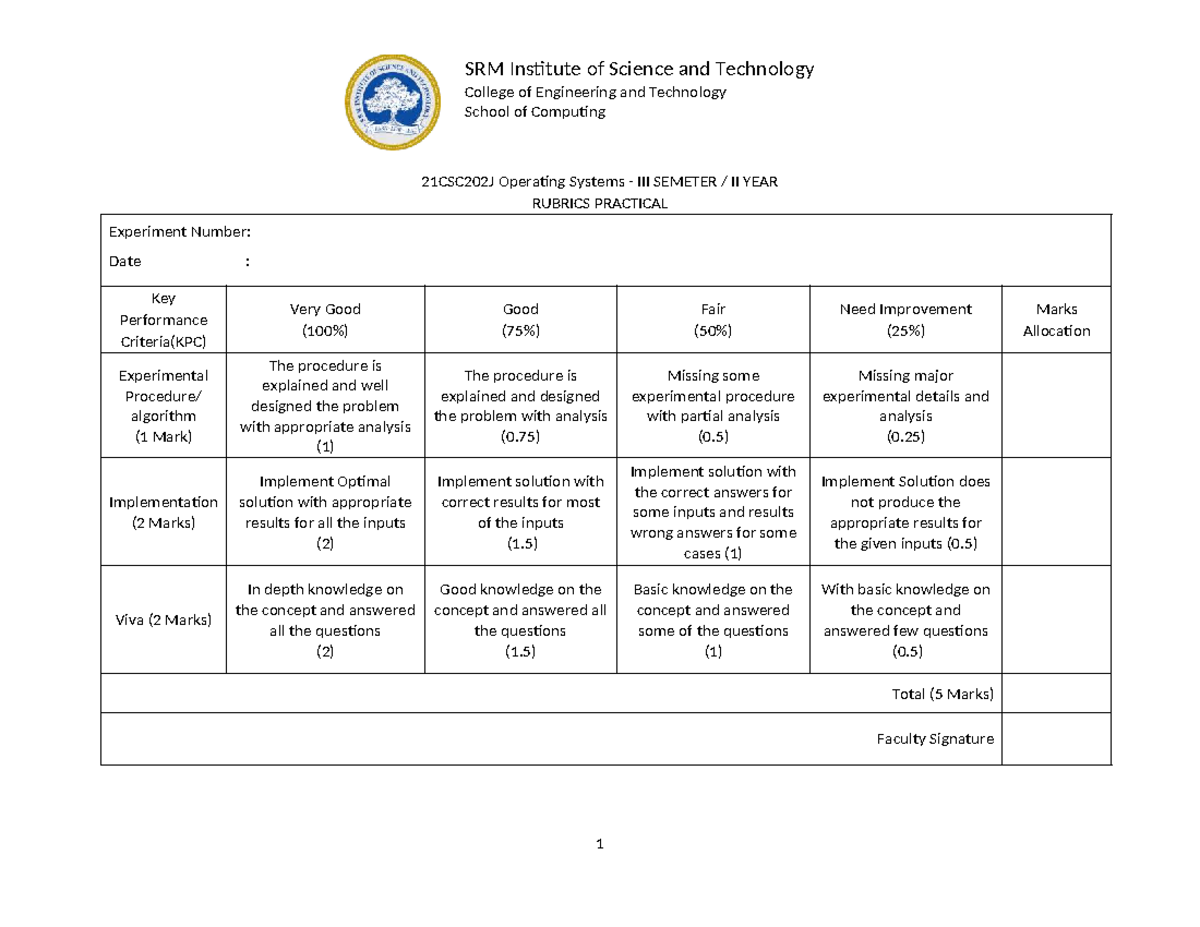21CSC202J Operating Systems Lab Rubrics - Semester II - Studocu