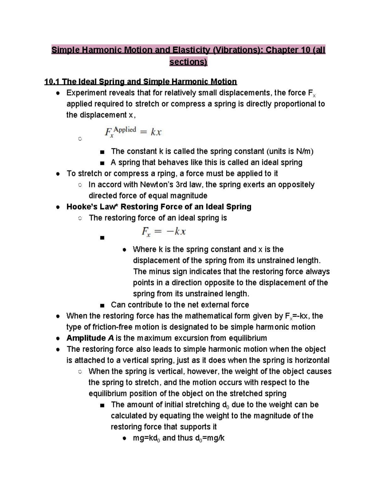 Physics 153 Chapter 10 Notes - Simple Harmonic Motion and Elasticity ...