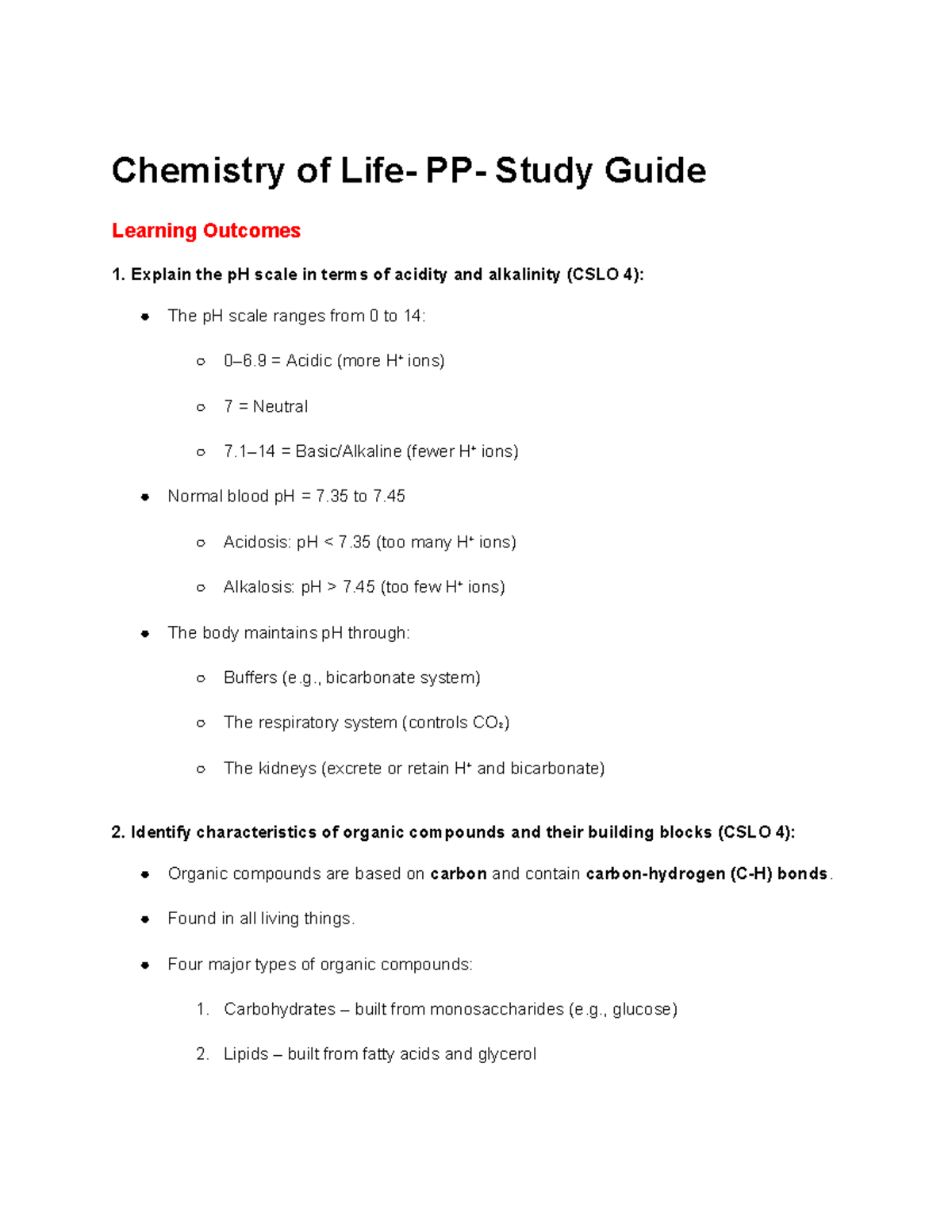 Chemistry of Life Study Guide: pH, Organic Compounds & Elements (CSLO 4 ...