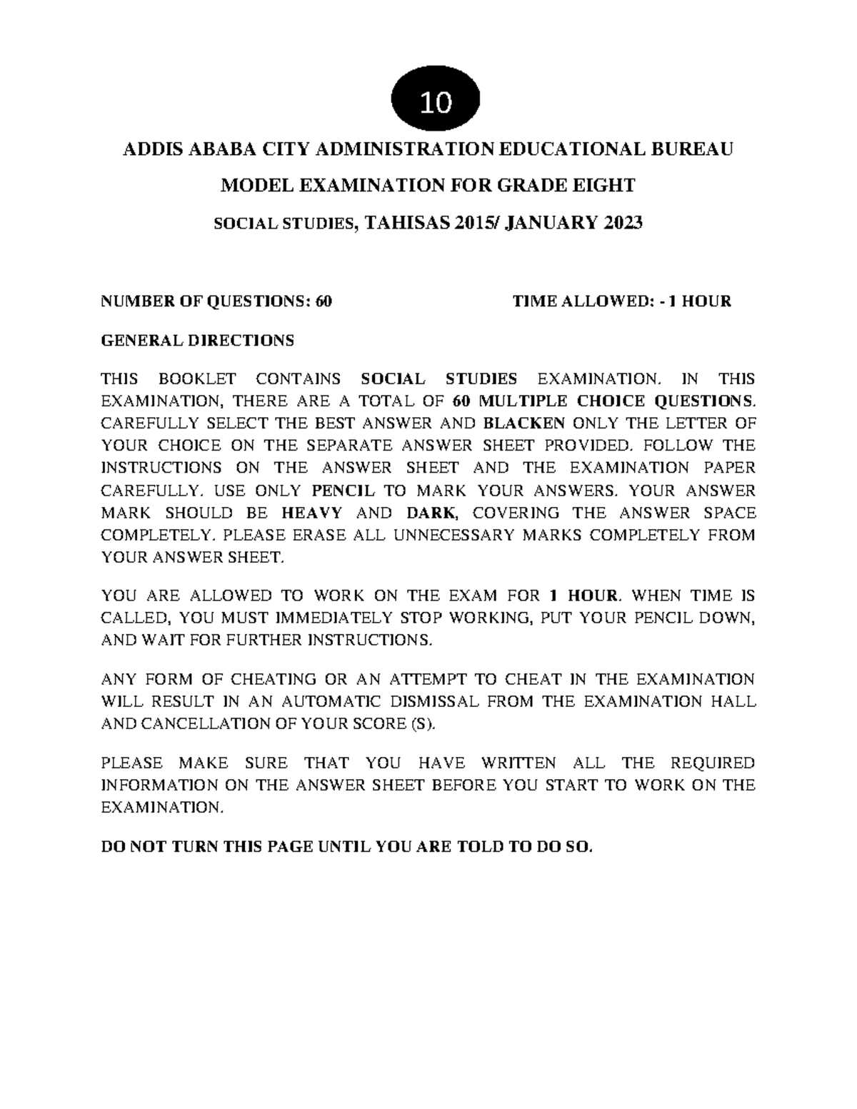 AACAEB, Grade 8 Social Studies Model Exam - January 2023 - Studocu