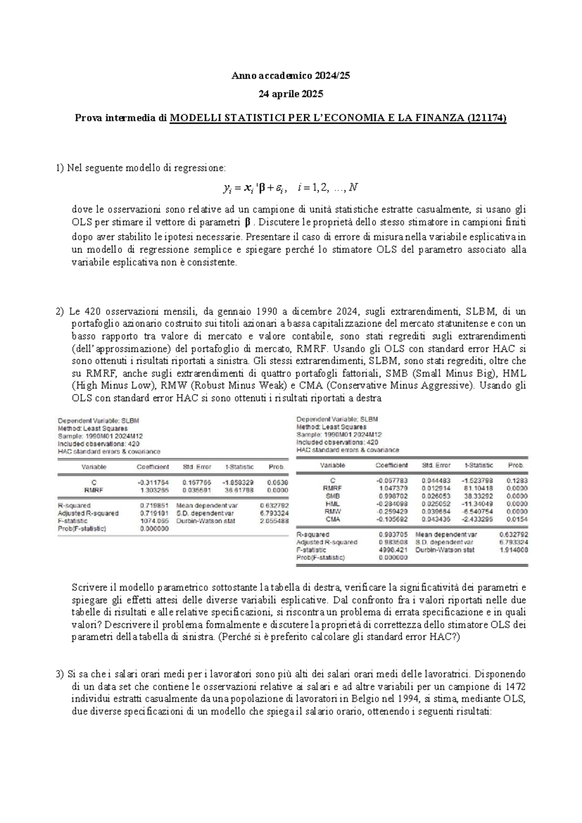Compiti di MODELLI STATISTICI PER E LA FINANZA (121174) - Anno ...
