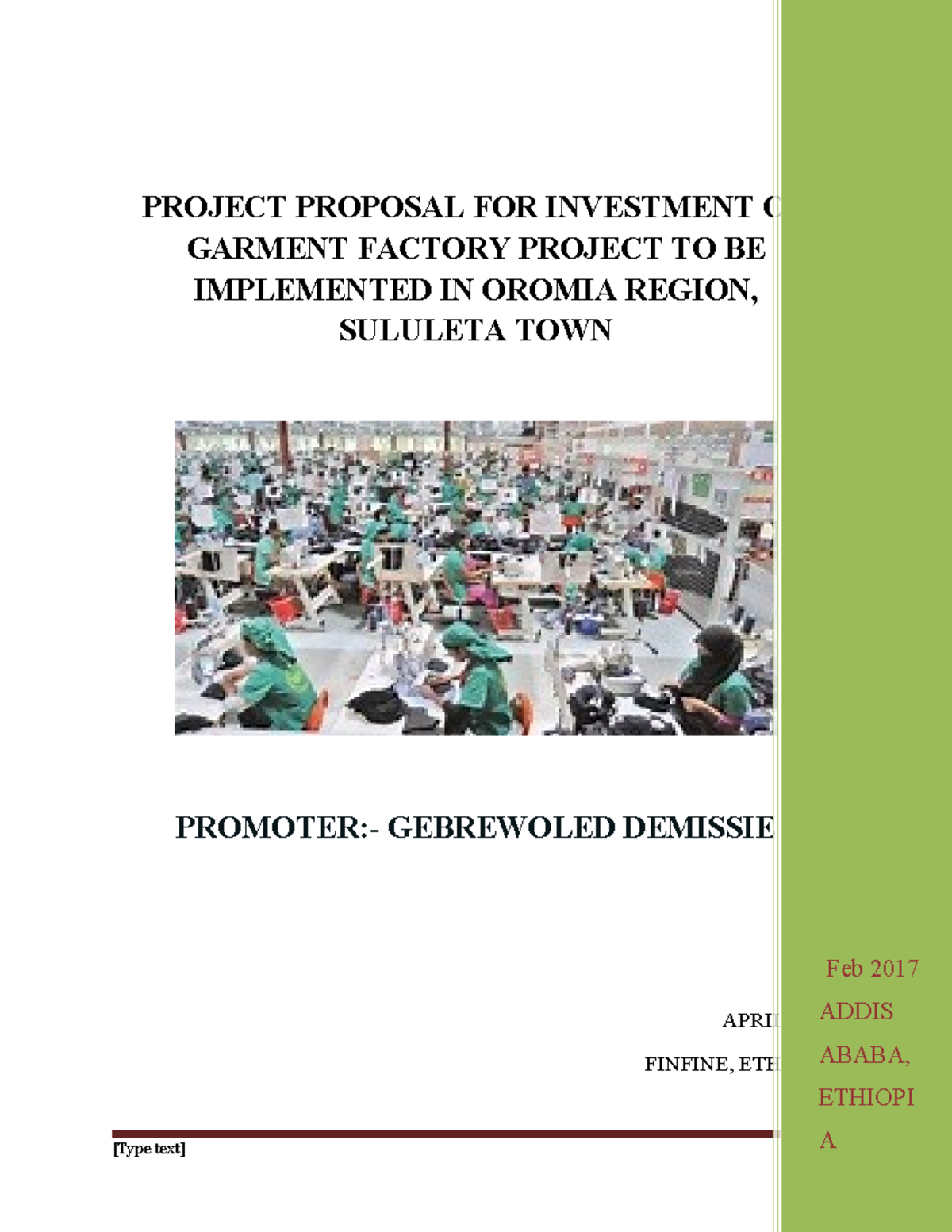 Project Proposal: Garment Factory Investment in Oromia Region, ET - Studocu