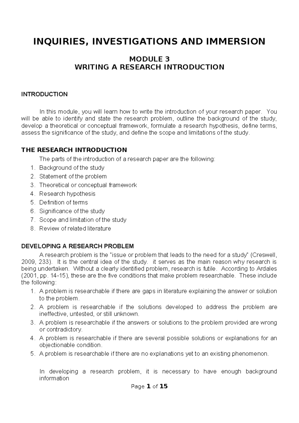 III- Module 3: Writing a Research Introduction and Developing Research Problems - Studocu