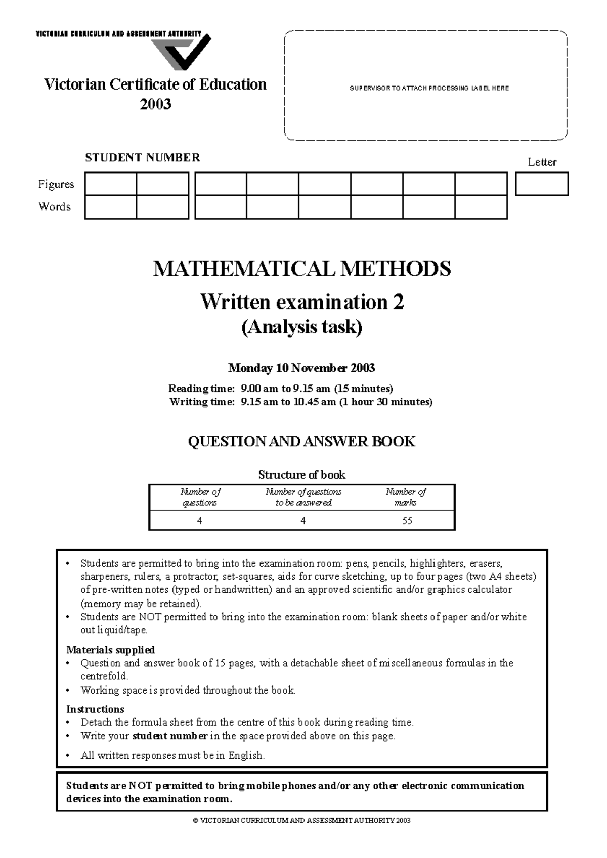 Mathematical Methods 2003 VCAA Exam 2: Analysis Questions - Studocu
