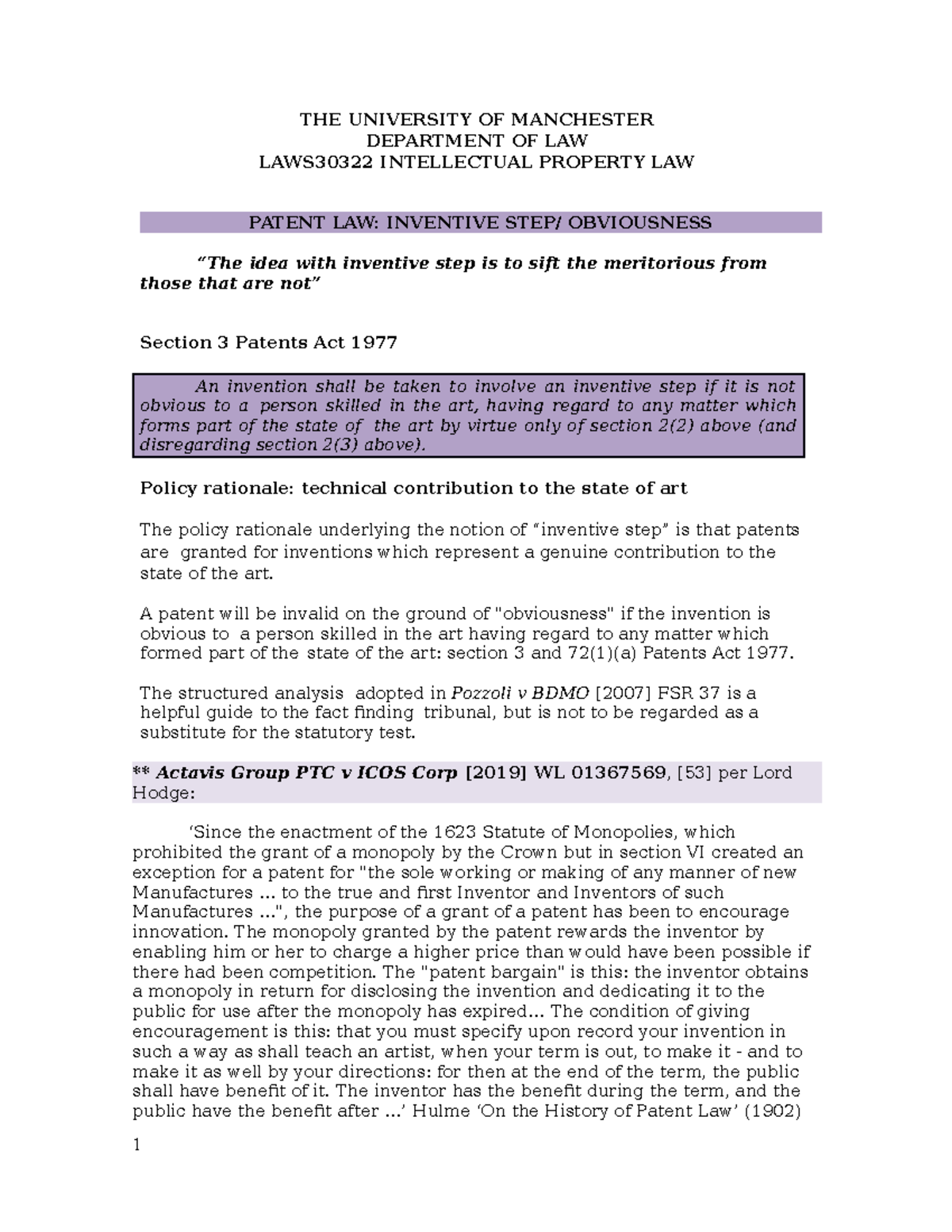 LAWS30322 Patent Law: Understanding Inventive Step and Obviousness ...